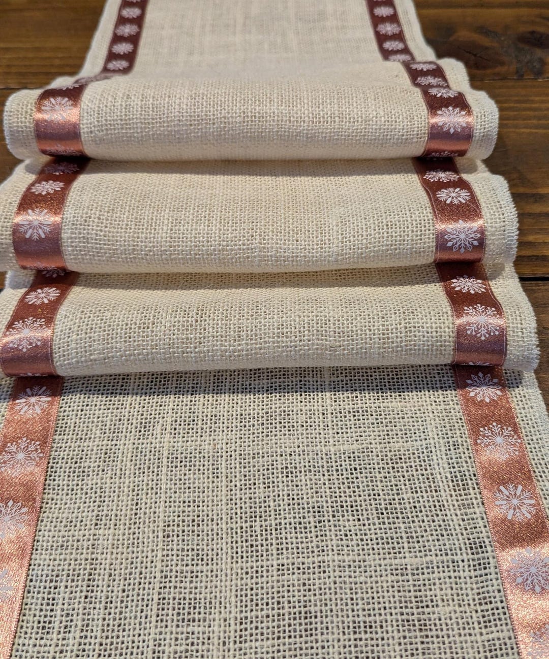 Cream Hessian Burlap Table Runner With Rose Gold and White Snowflake ...