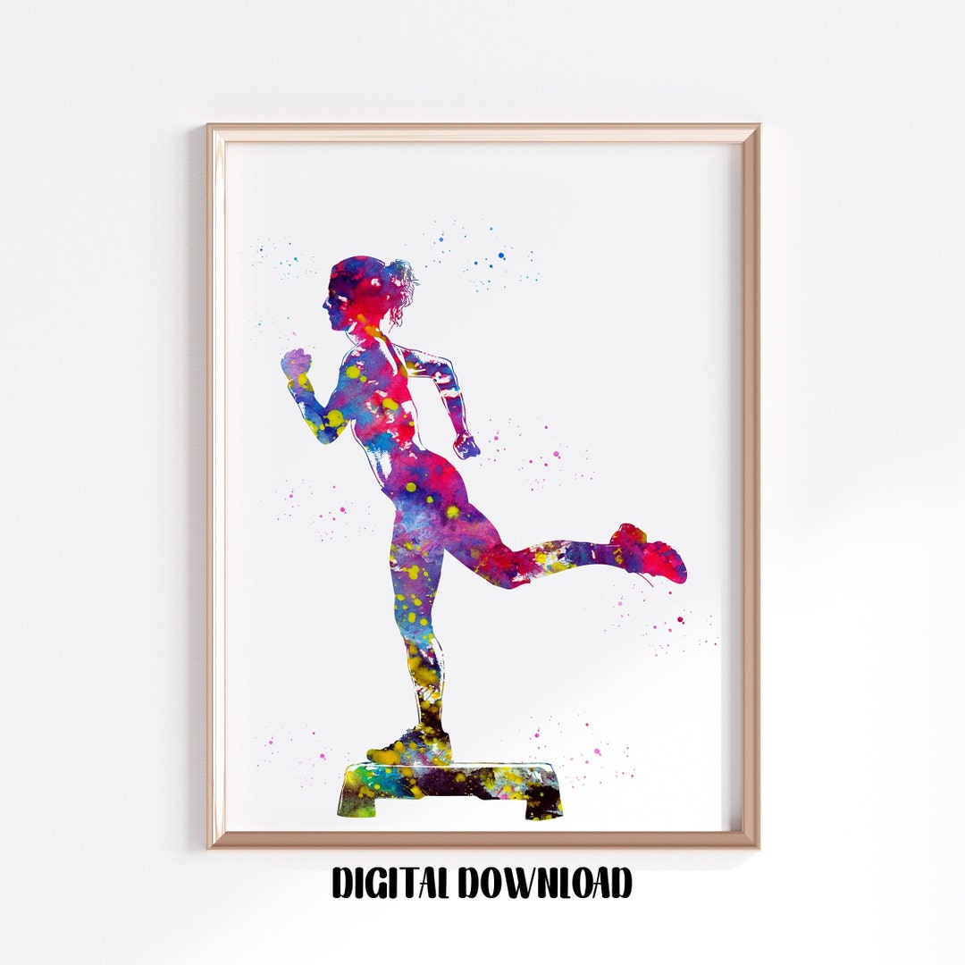 Woman Exercising Step Aerobics Fitness Gym Sport Poster Watercolor Art ...
