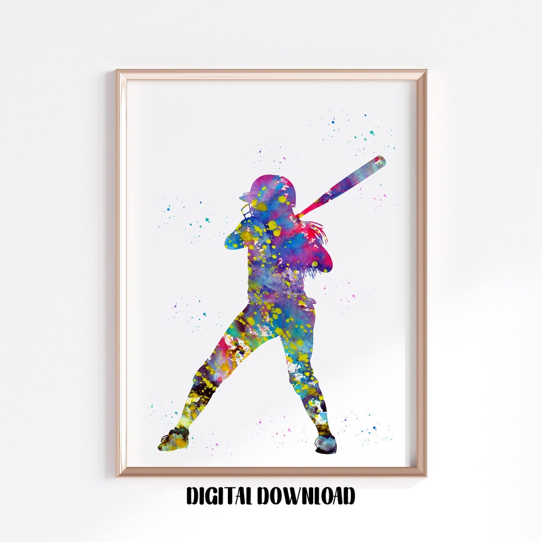 Baseball Player Female Woman Girls Sport Poster Watercolor Art Digital ...