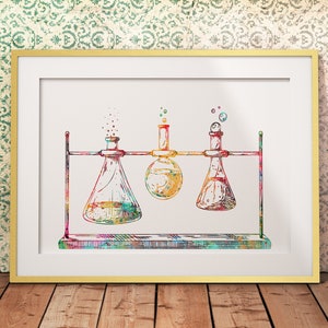 Chemical Flasks Chemistry Art Poster Medical Science Watercolor Digital ...