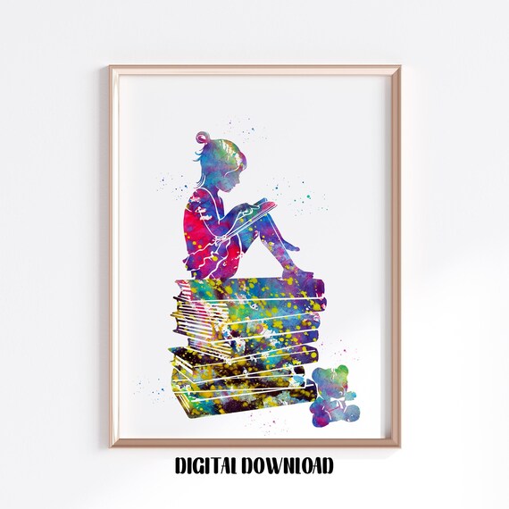 Little Girl Reading Book With Teddy Bear Poster Watercolor Art | Etsy