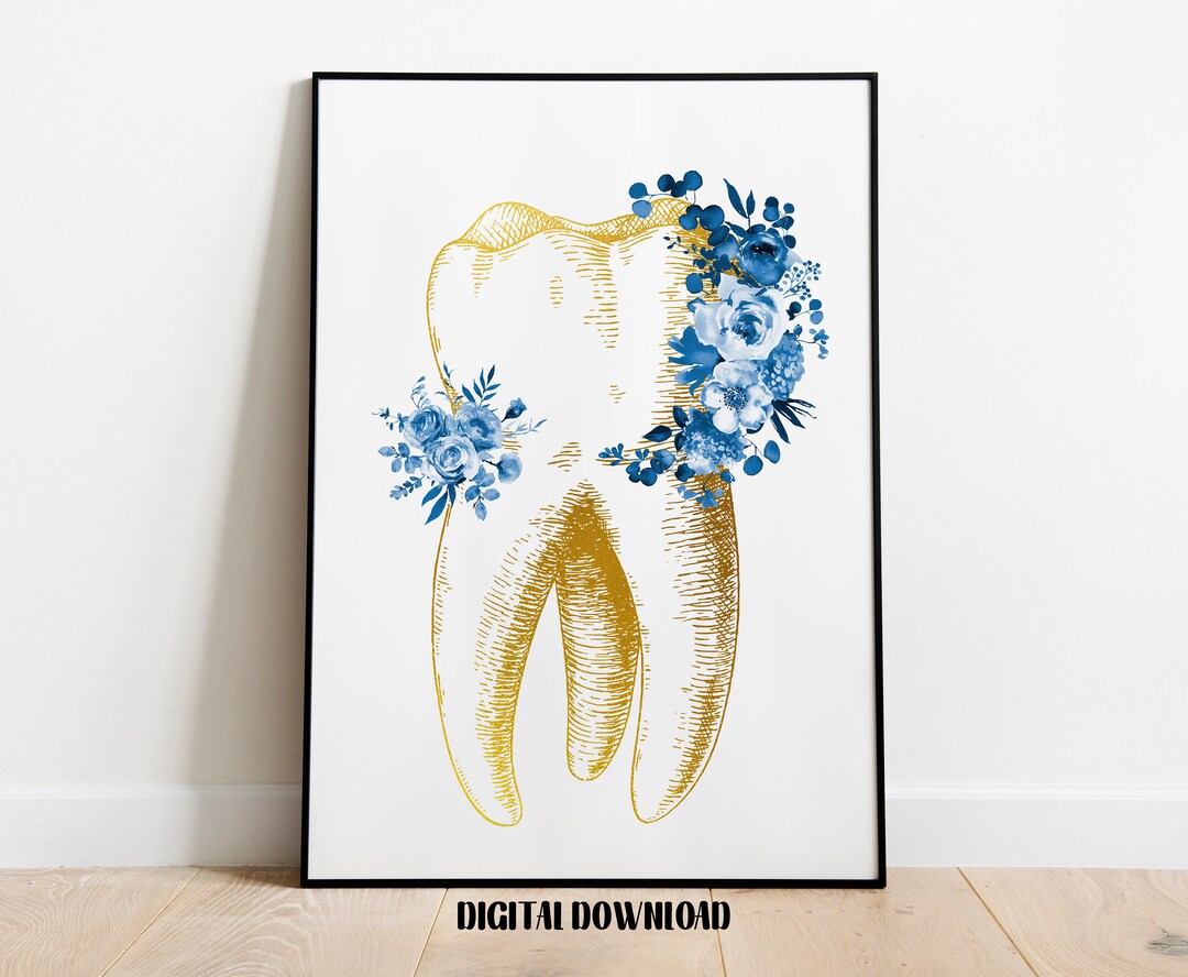 Human Tooth Medical Dental Illustration Floral Flowers Medical Golden ...
