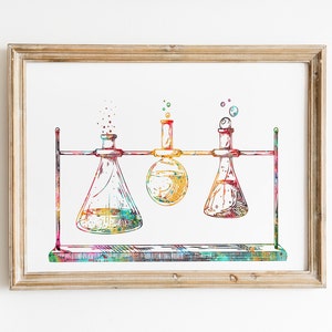 Chemical Flasks Chemistry Art Poster Medical Science Watercolor Digital ...