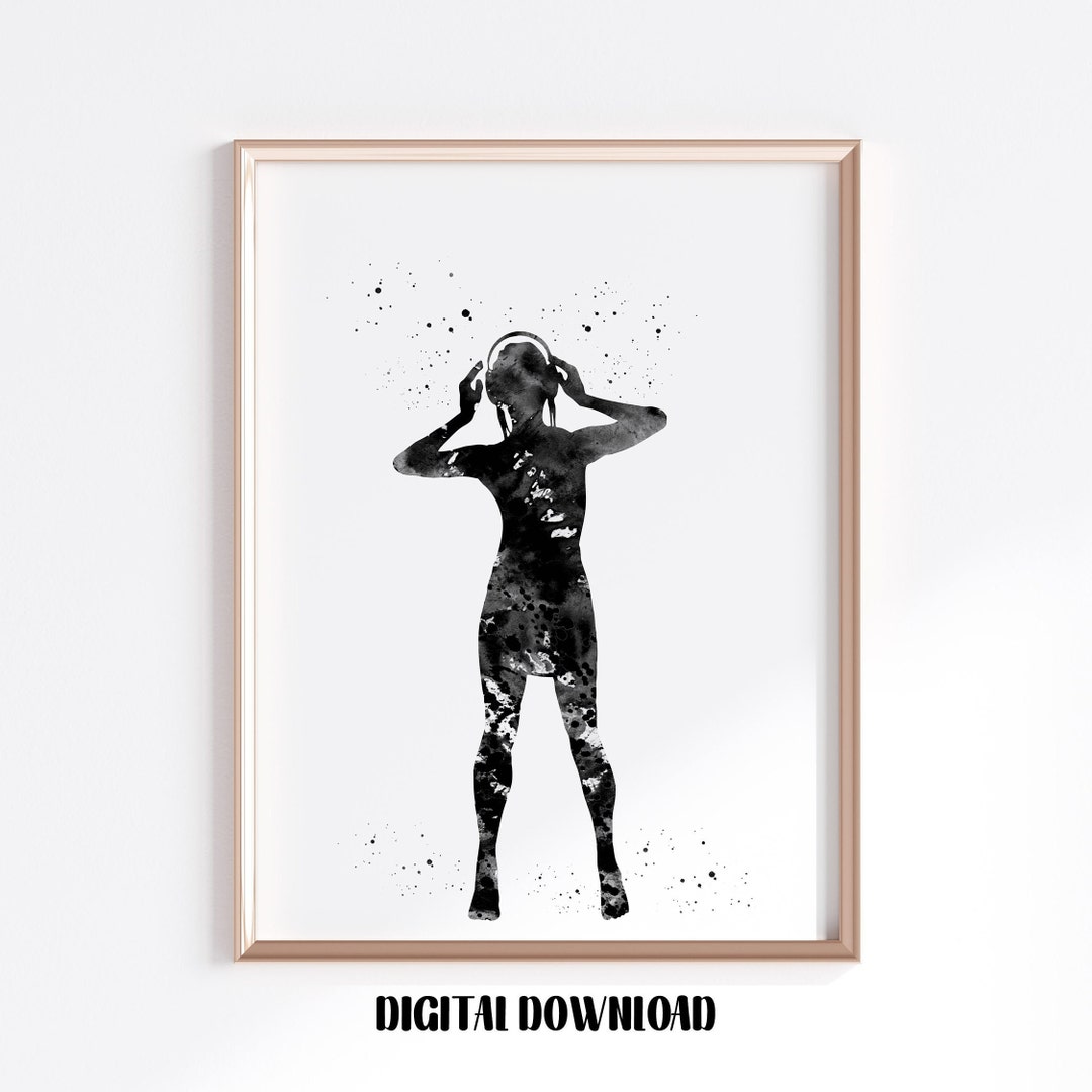 Music Art Girl With Headphones Listening to Music Girl Poster Music ...