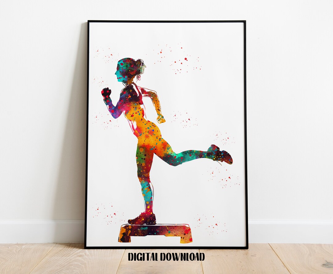 Woman Exercising Step Aerobics Fitness Gym Sport Poster Watercolor Art ...