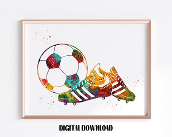 Soccer Art Set Football Cleat Shoes and Ball Sport Poster Watercolor ...
