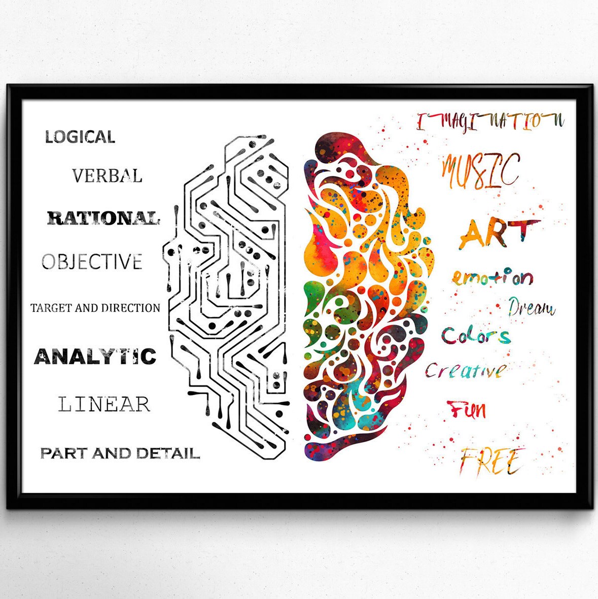 Left and right brain function brain poster science art print | Etsy
