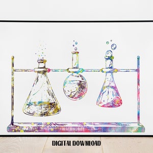 Chemical Flasks Chemistry Art Poster Medical Science Watercolor Digital ...