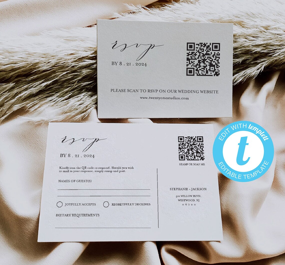 Elegant QR Code RSVP Card Template Wedding Response Online - Etsy