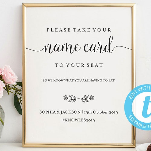 Print at Home Wedding Escort Card Sign Take Your Name Card - Etsy