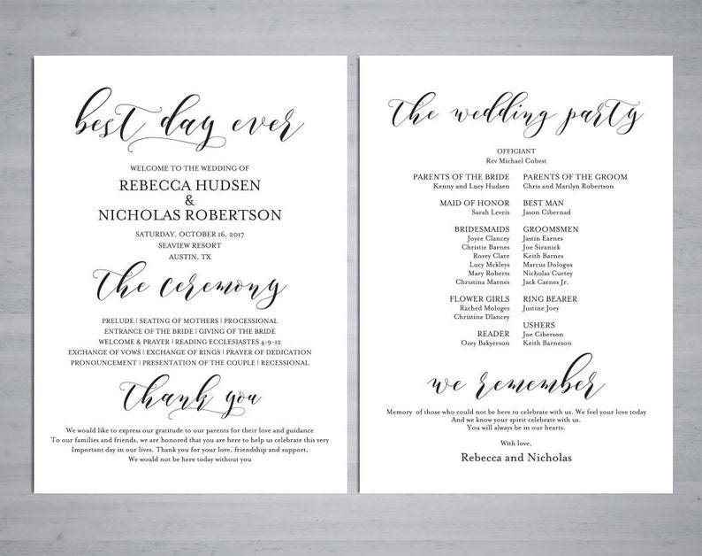 Best Day Ever Wedding Program PDF Card Template Instant - Etsy