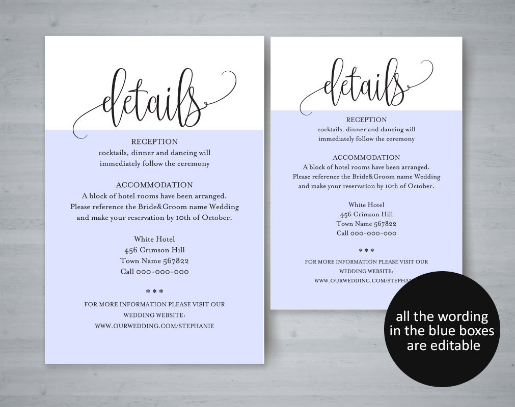 Wedding Details Cards Wedding Card Templates Wedding - Etsy