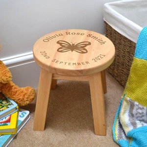 Personalised Children's Stool Date of Birth With Football Butterfly ...