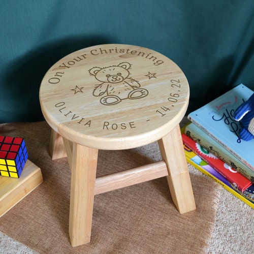 Personalised Child's Stool Wooden Christening Engraved - Etsy UK