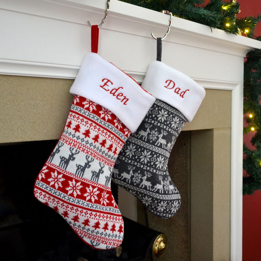 Personalised Nordic Knitted Christmas Stockings in Red or Grey - Etsy