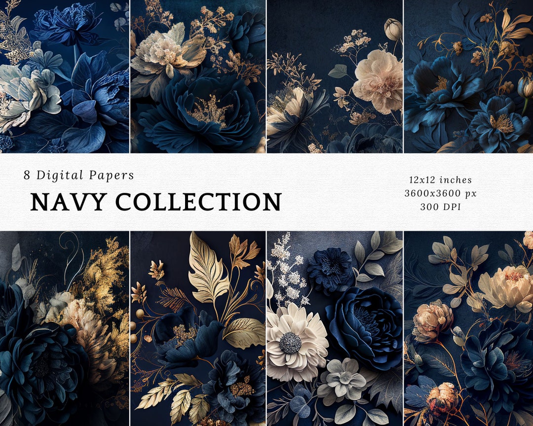 Floral Backdrop Floral Paper Navy Blue Digital Papers - Etsy