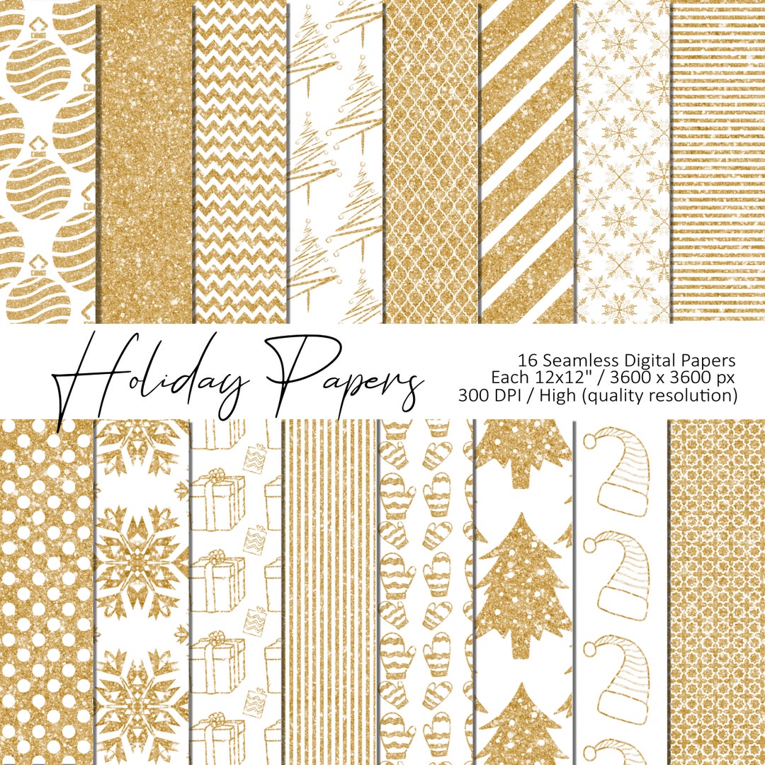 White Gold Christmas Paper, Gold Christmas Papers, Digital Christmas ...