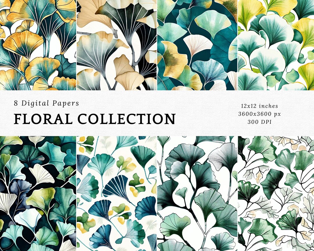 Ginko Paper, Leaves Paper, Ginko Pattern, Digital Papers, Paper Pack ...
