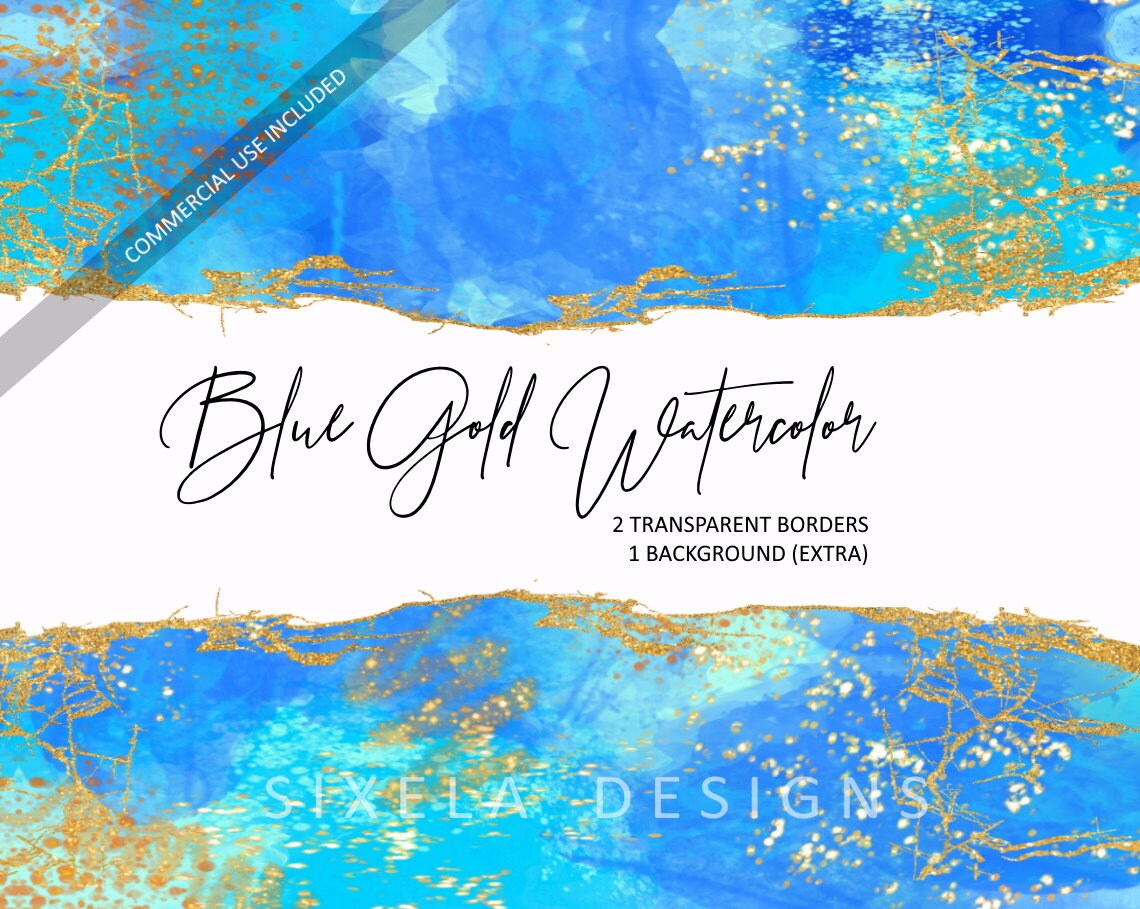 Blue Gold Watercolor Border Blue Gold Border Blue Splatter - Etsy