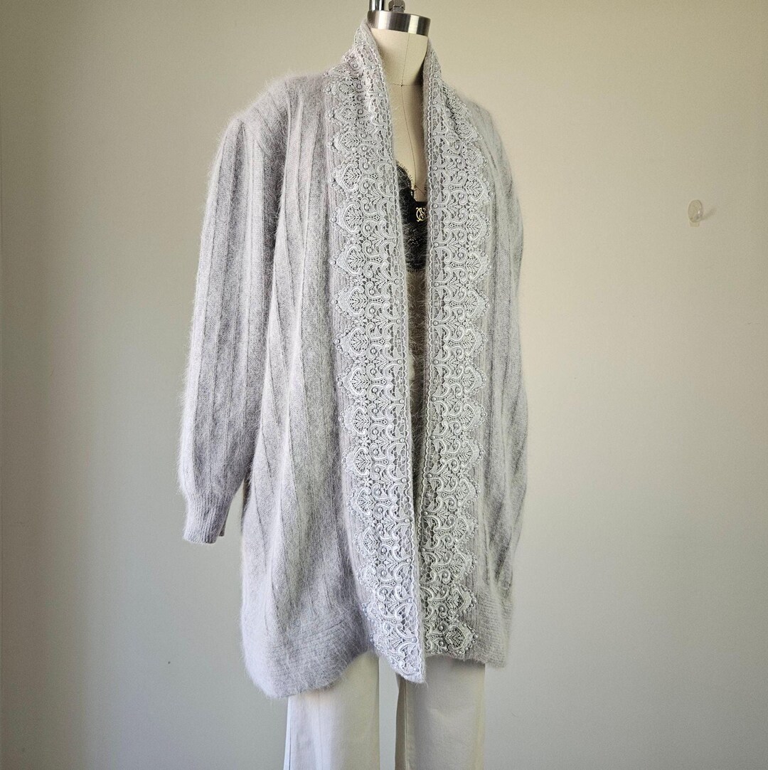 1990s Angora Wool Sweatercoat, Lace Trim Puff Sleeve Soft Fluffy Open ...