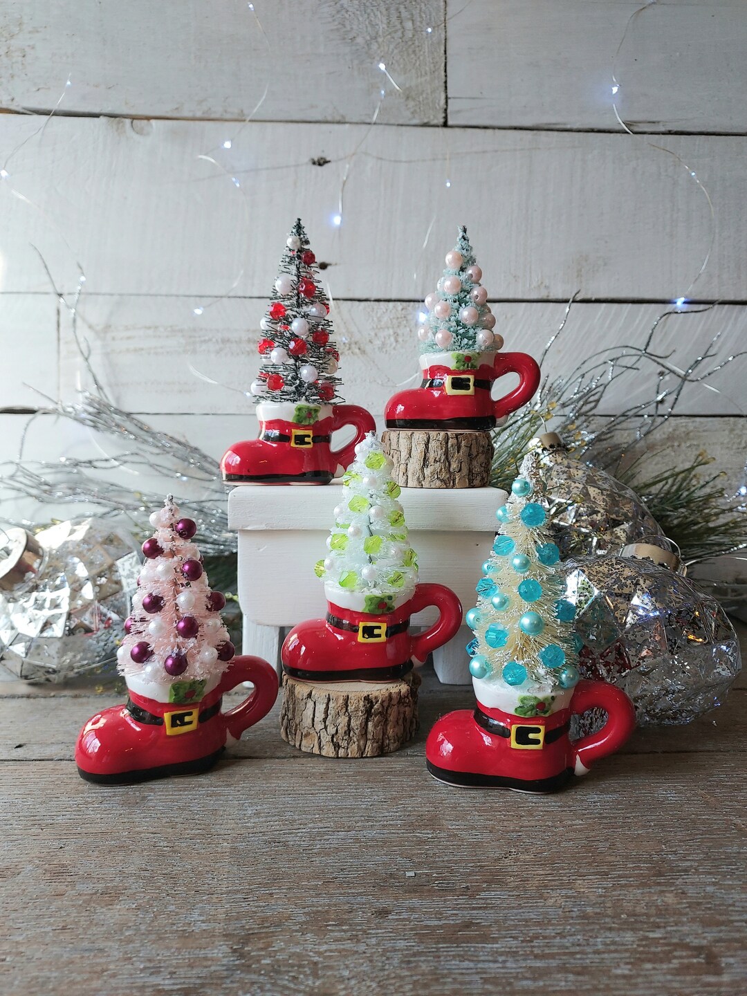 Bottle Brush Christmas Tree in Mini Santa Boot Mug, Nostalgic Christmas ...