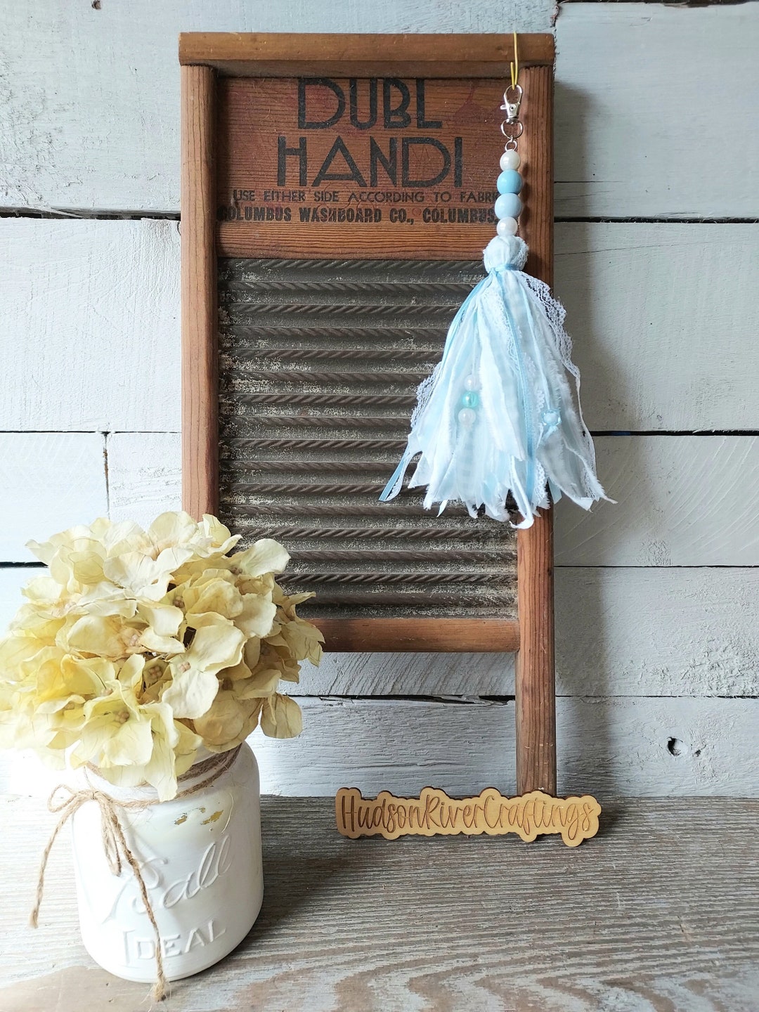 Light Blue Scrappy Fabric Tassel With Beads: Tote/diaper Bag Charm - Etsy