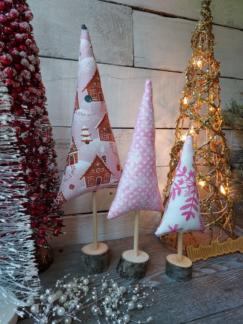 Pink Christmas Whimsy Trees, Set of 3 Whimsical Fabric Trees, Tiered ...