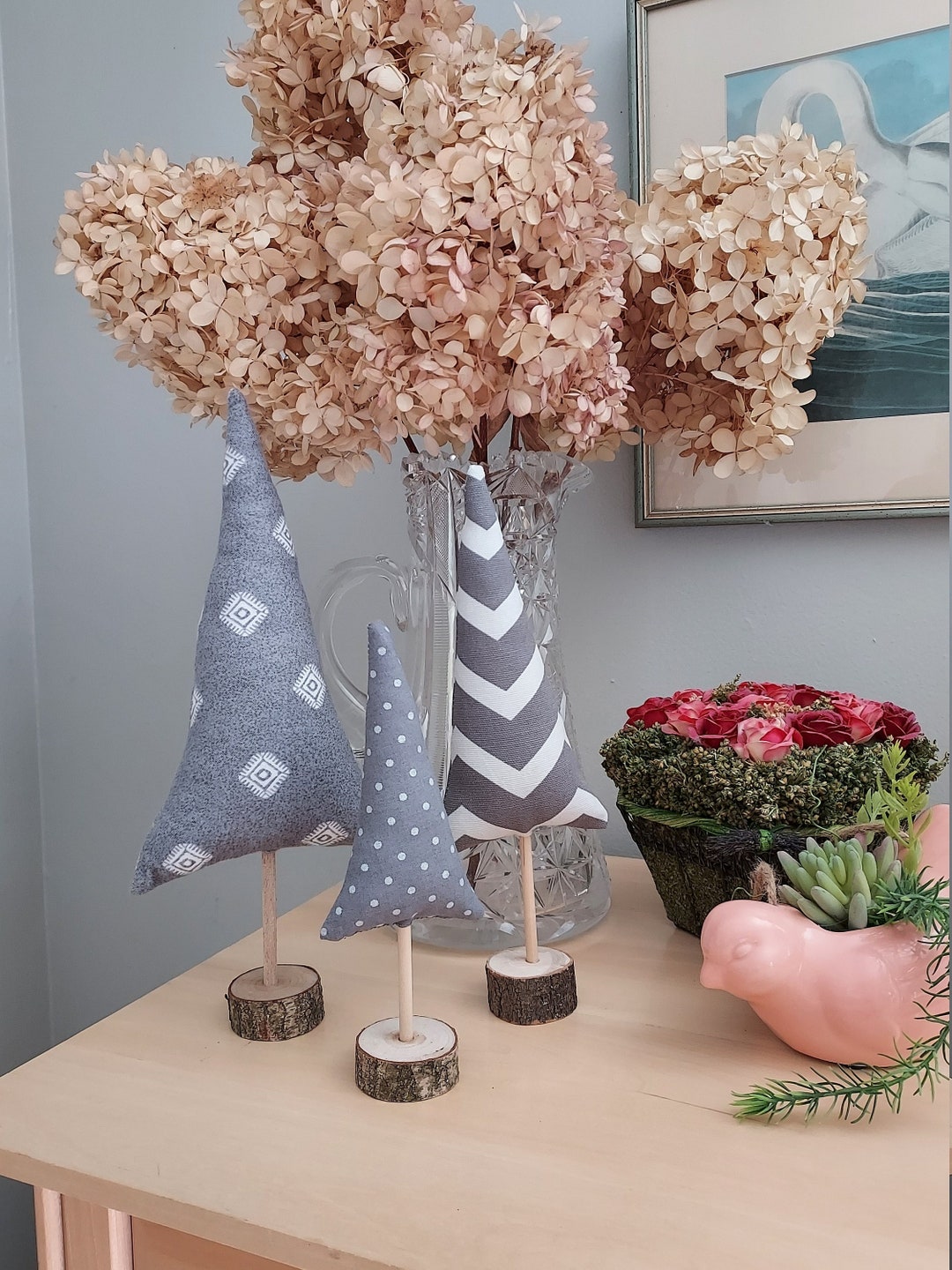 Whimsy Trees in Grey and White, Set of 3 Whimsical Fabric Trees, Tiered ...