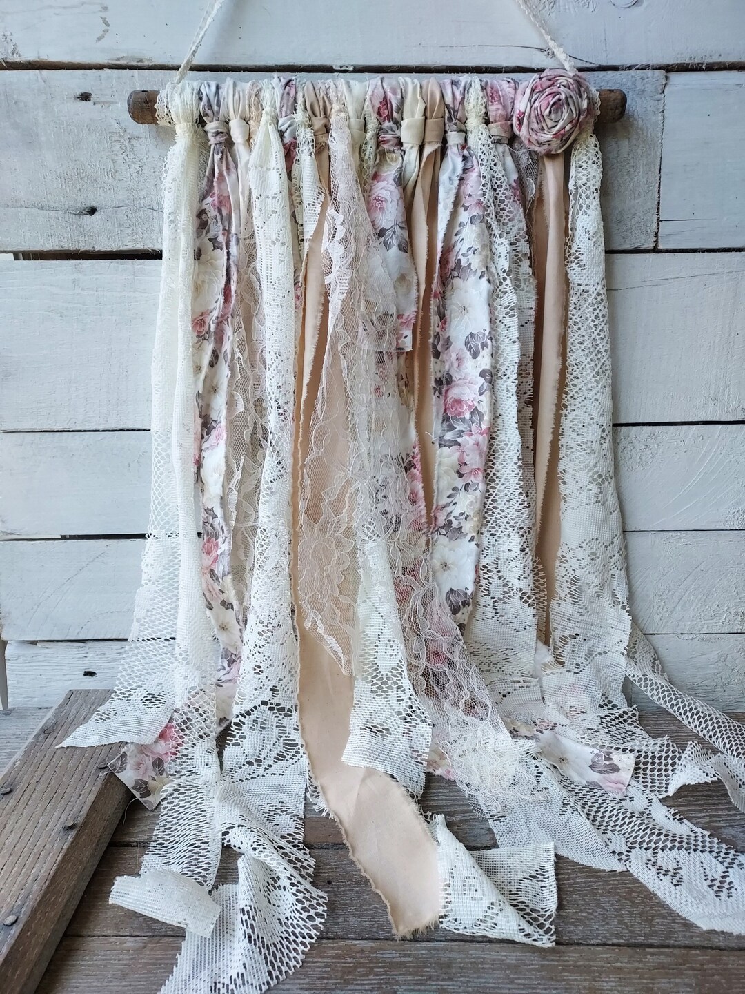 Fabric and Lace Wall Hanging on Vintage Wood Spindle, Lace Wall Hanging ...