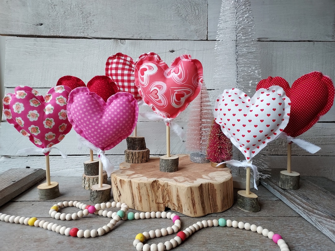 Fabric Heart on Stand, Heart Decor, Hearts on Sticks, Tiered Tray Decor ...
