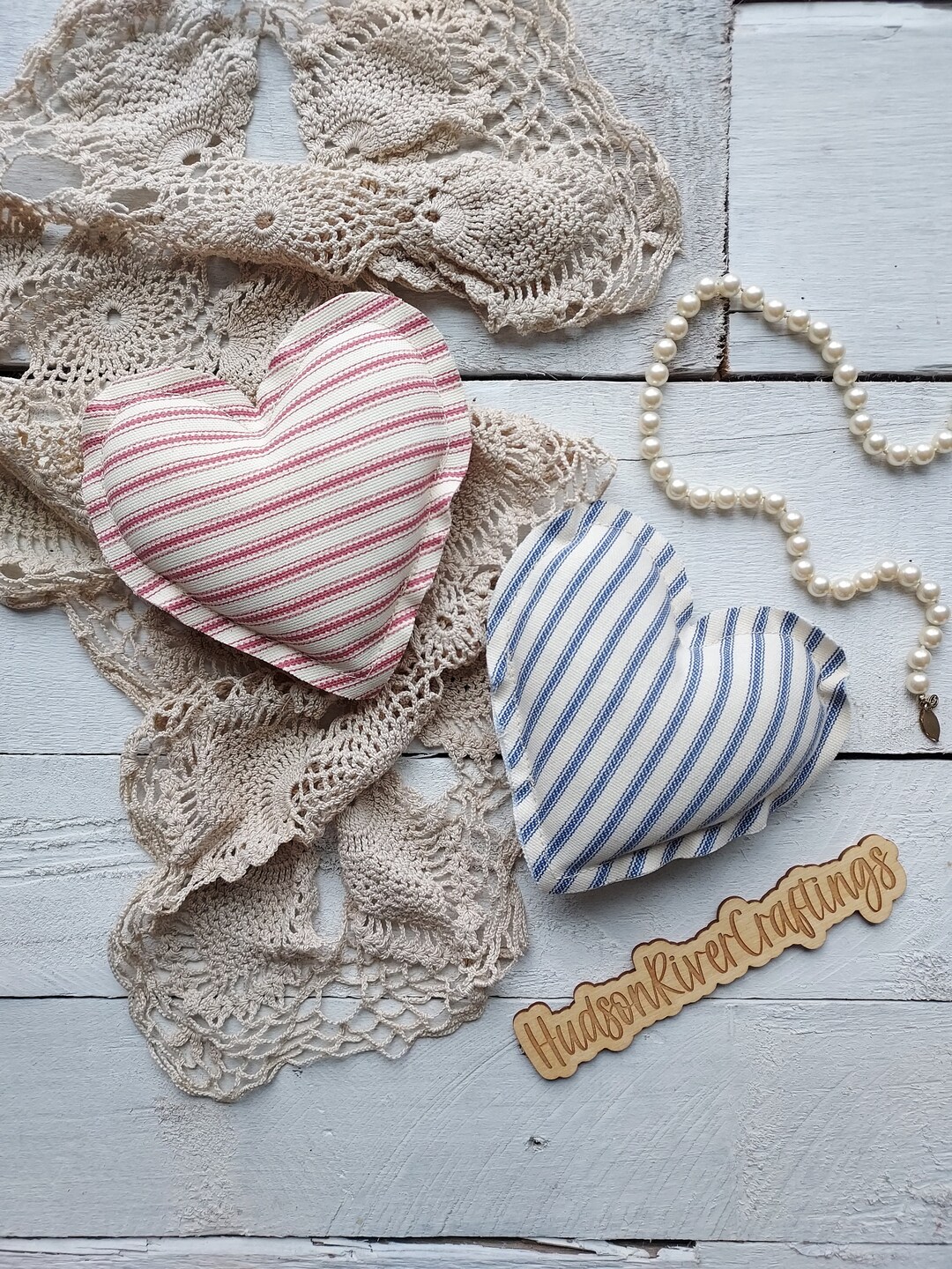 Ticking Stripe Fabric Heart Pair, Red and Blue Ticking, Fabric Hearts ...