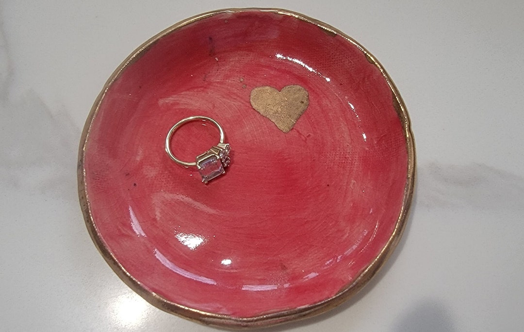 24k Gold Luster Heart Small Red Handmade Ceramic Stoneware Ring Dish ...