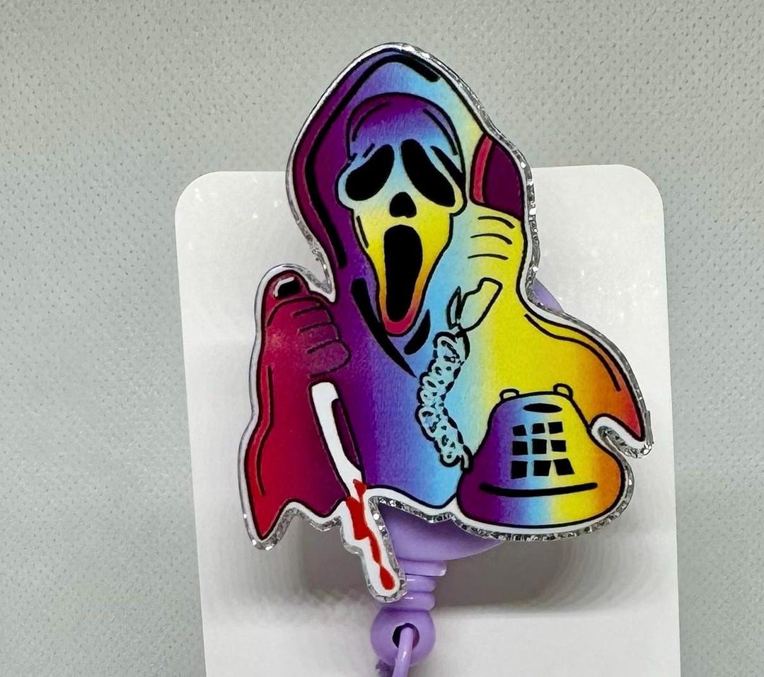 Rainbow Scream Ghost Face Halloween Beaded Badge Reel Teacher Nurse ...