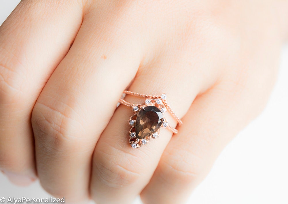 Rose Gold Engagement Ring Set Wedding Ring Set Vintage | Etsy