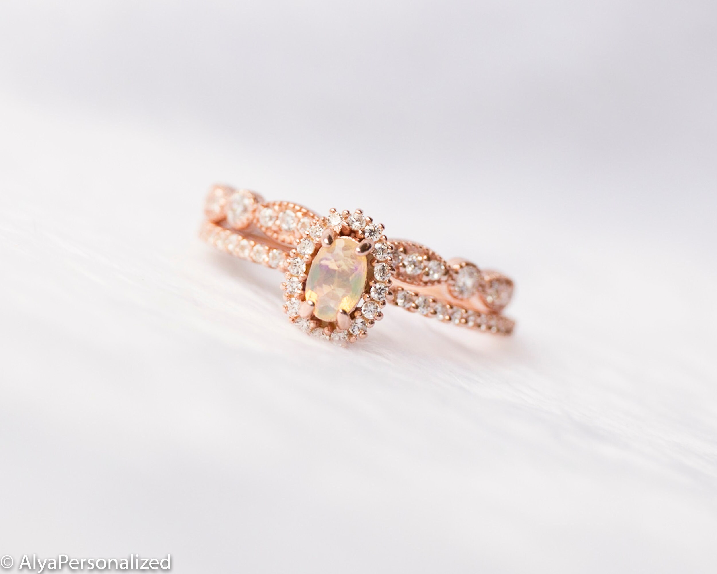 14K Rose Gold Fire Opal Engagement Ring Set, Art Deco Antique Diamond ...