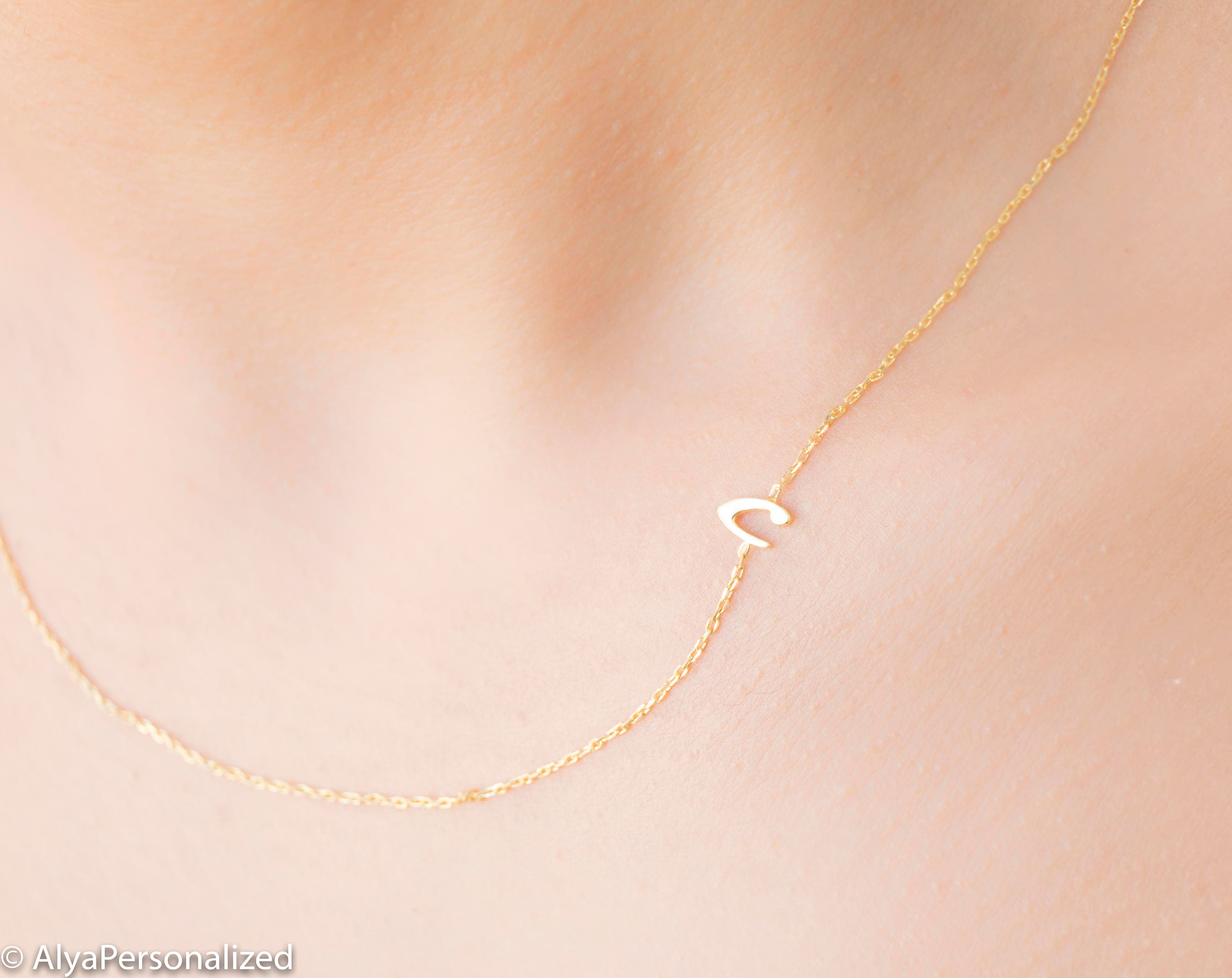 Tiny Initial Necklace - Gold Sideways Initial Necklace - Personalized ...