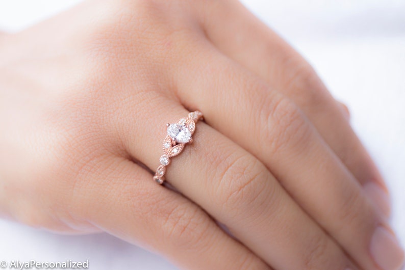 Moissanite Engagement Ring Set 14K Rose Gold Ring Oval - Etsy