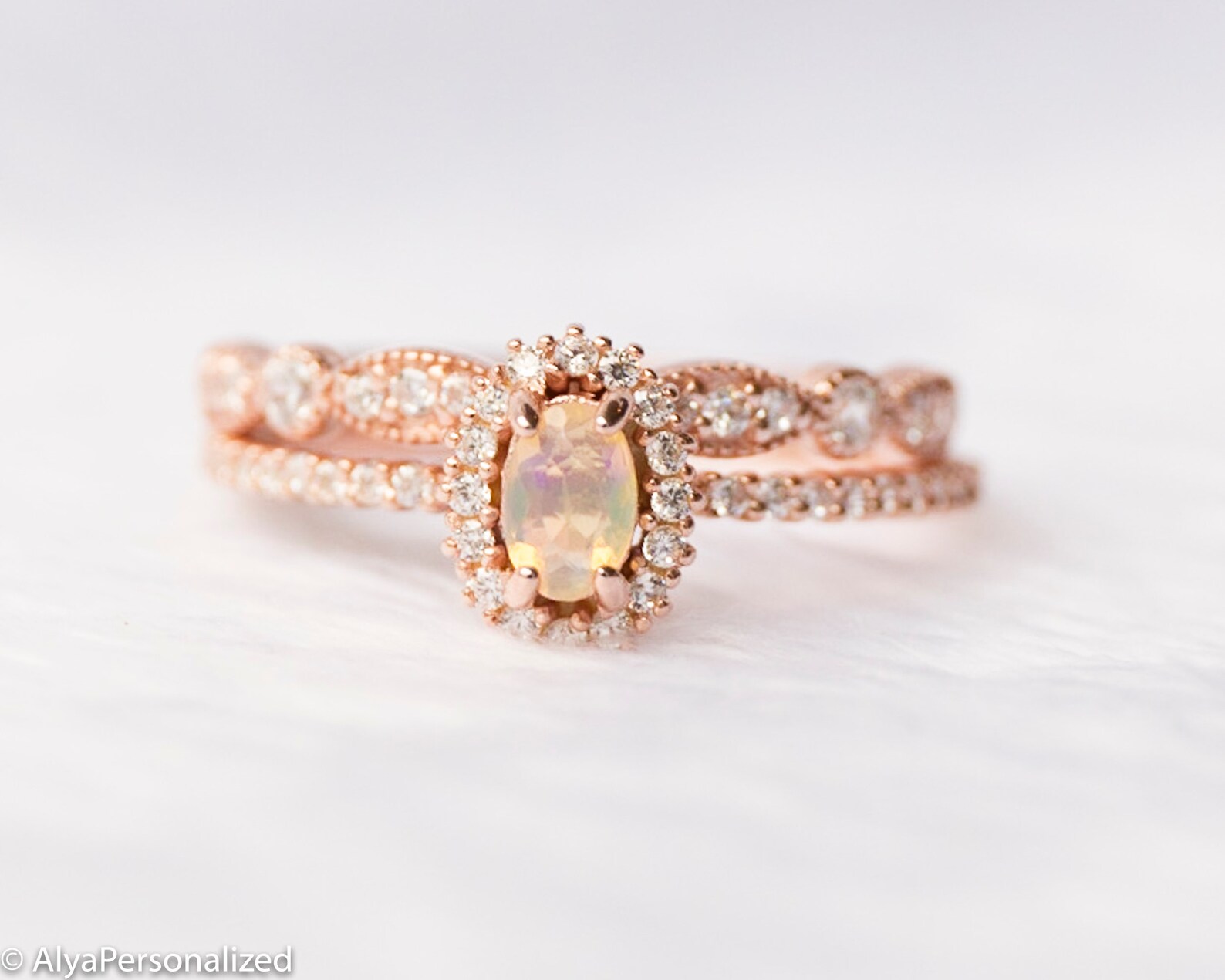 14K Rose Gold Fire Opal Engagement Ring Set, Art Deco Antique Diamond ...
