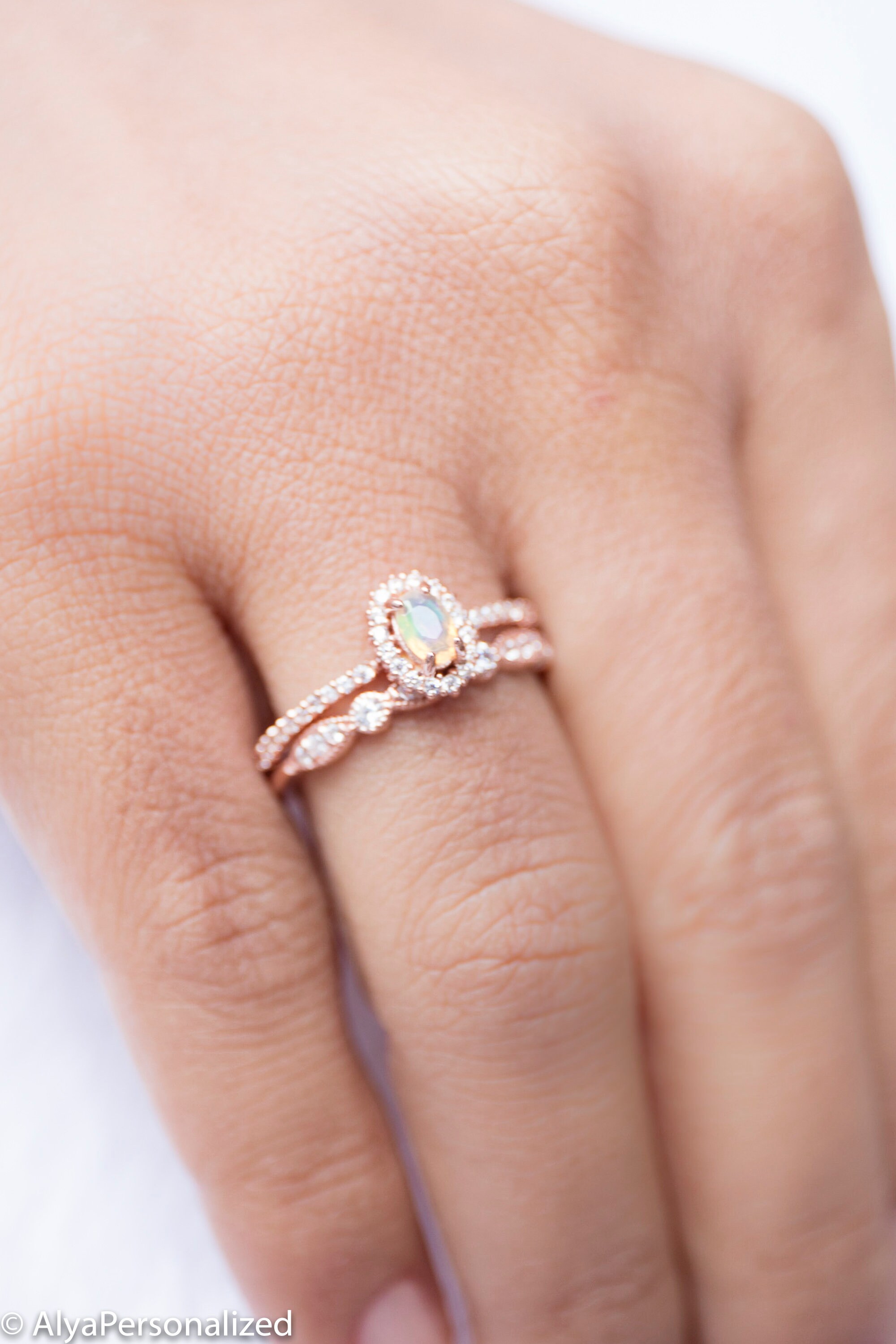 14K Rose Gold Fire Opal Engagement Ring Set Art Deco Antique | Etsy