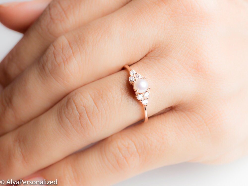 14k Rose Gold Engagement Ring - Pearl Engagement Ring - Diamond ...
