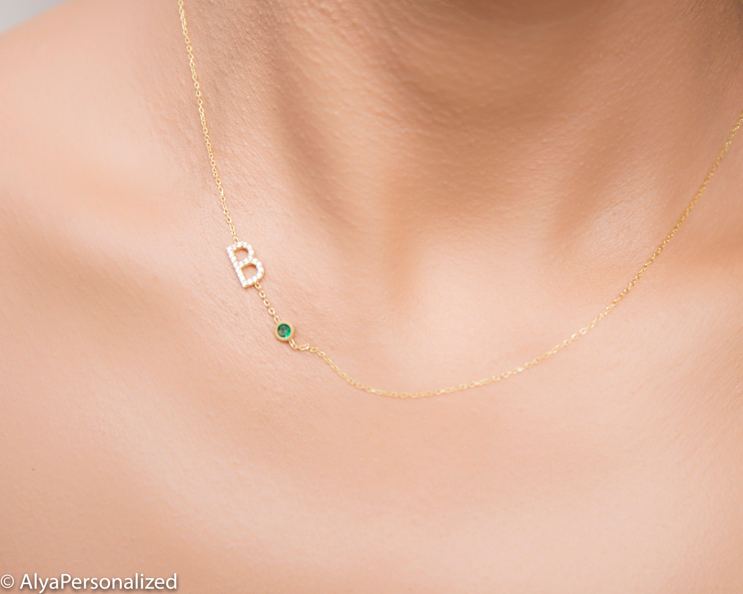 14K Gold Initial Necklace, Birthstone Necklace Gold, Personalized ...