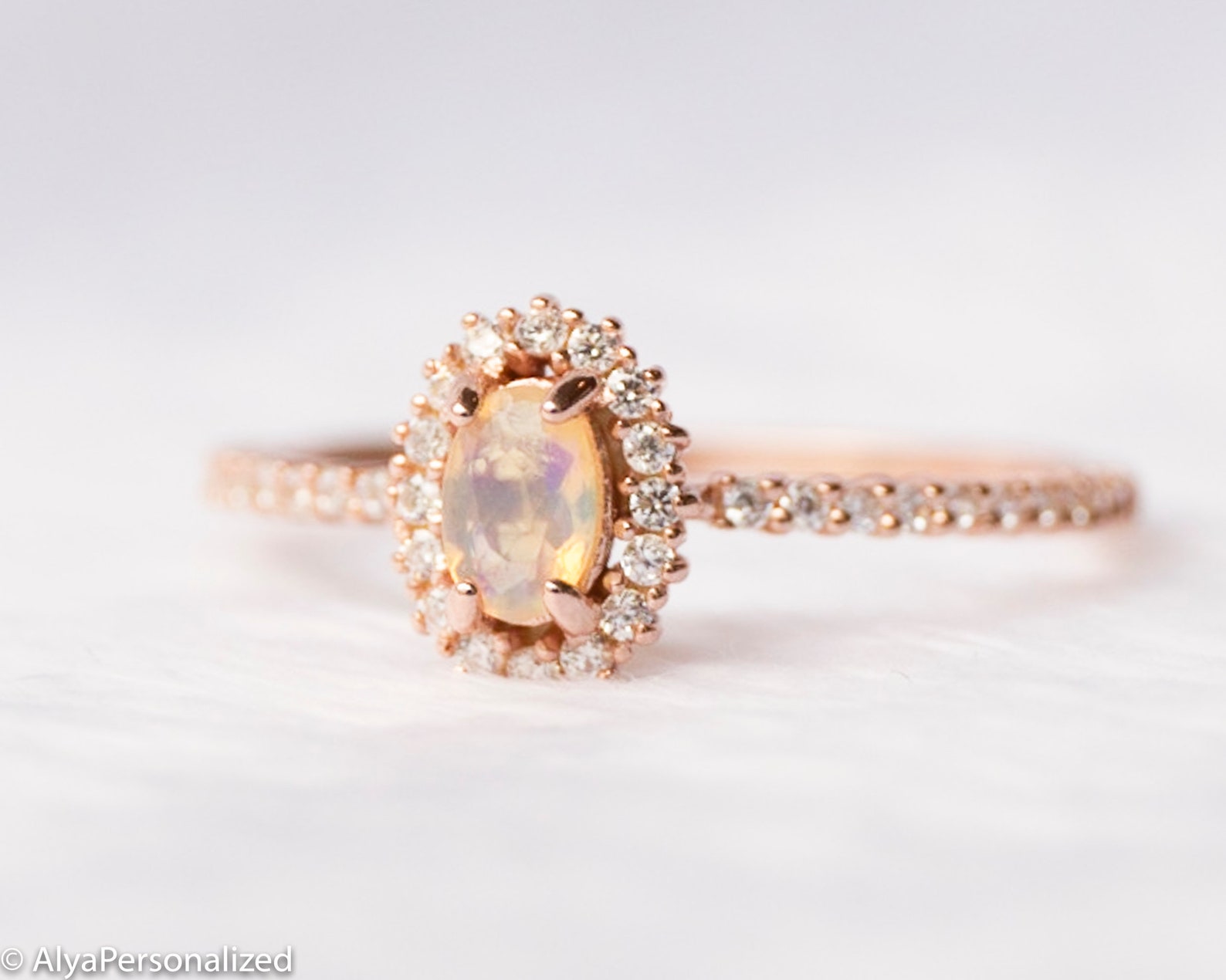 14K Rose Gold Fire Opal Engagement Ring Set, Art Deco Antique Diamond ...