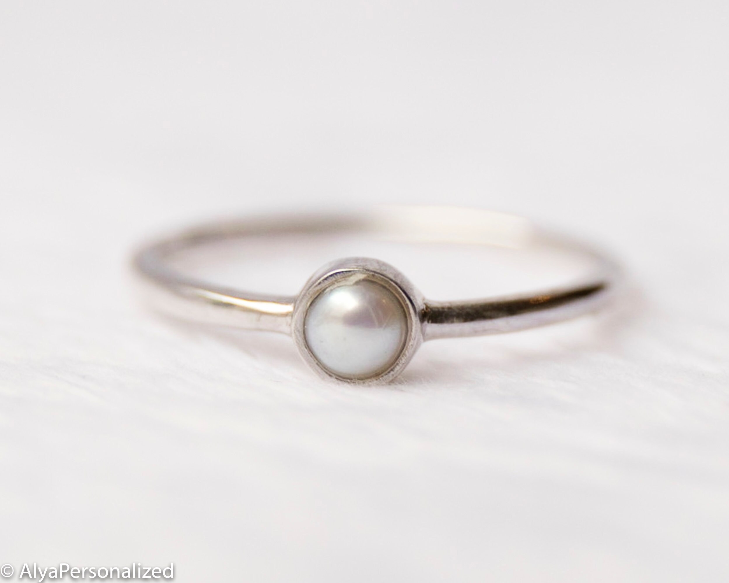 14K White Gold Pearl Engagement Ring - Simple Pearl Ring, Minimalist ...