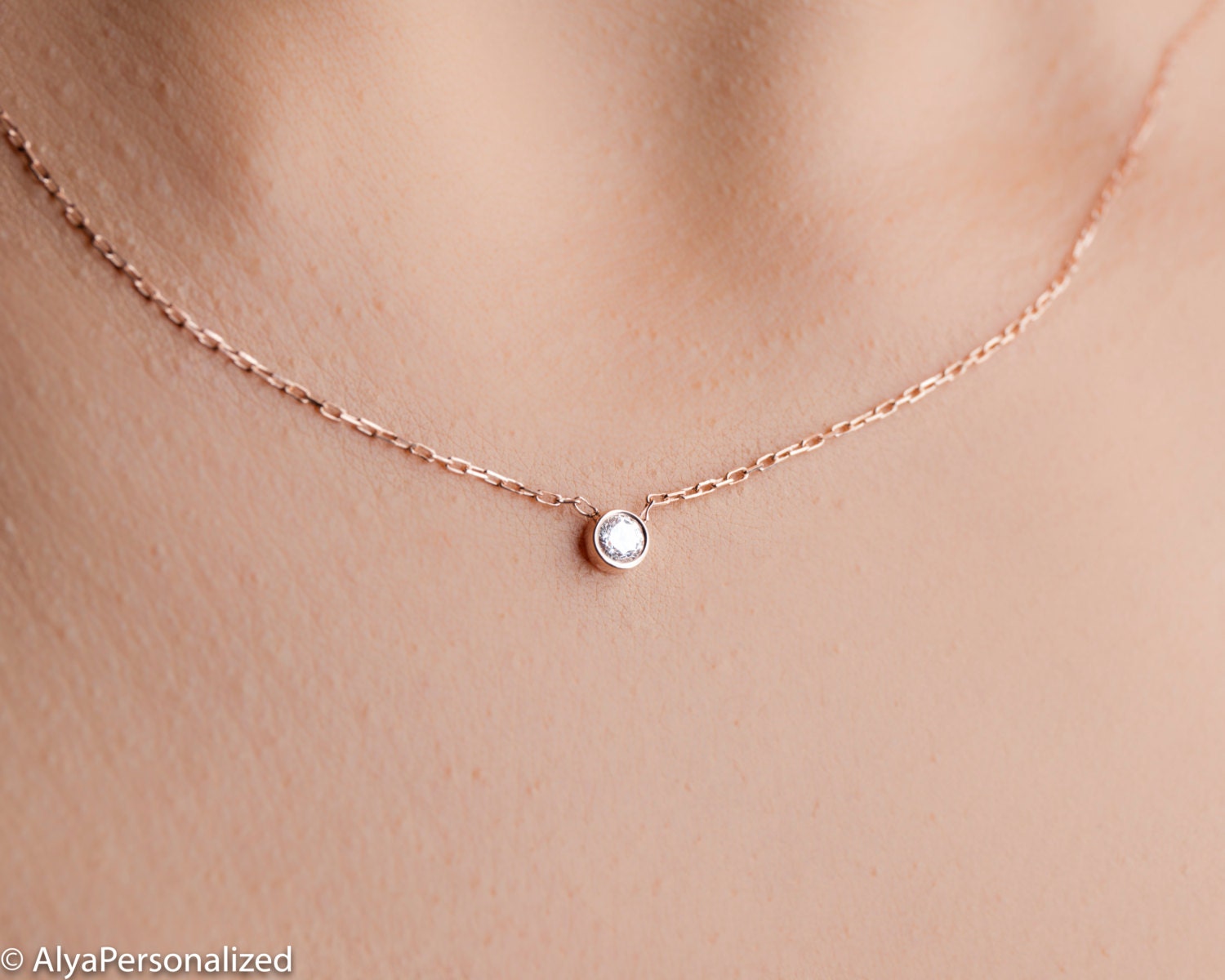 Simple Diamond Necklace Minimalist Necklace 14K Rose Gold - Etsy