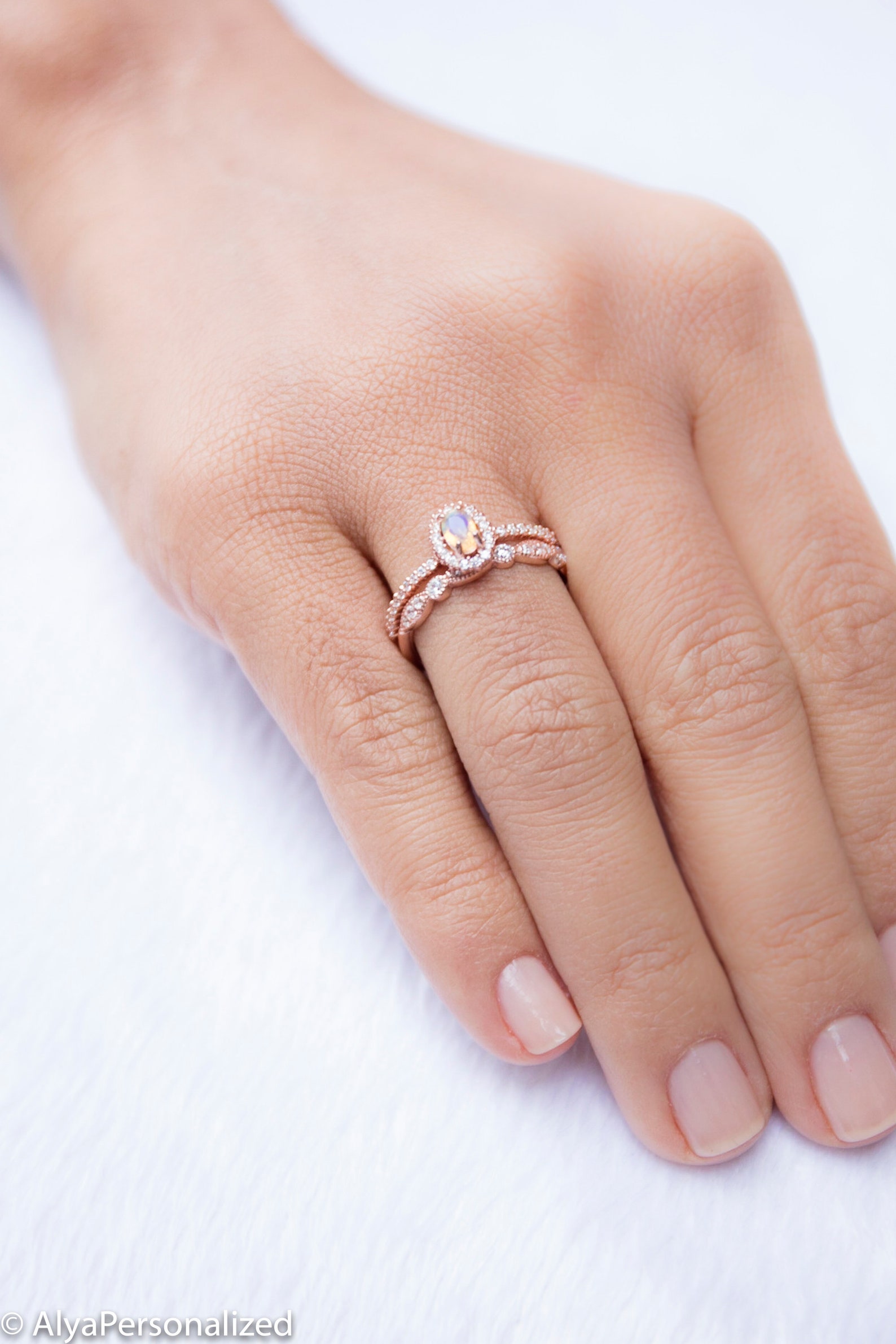14K Rose Gold Fire Opal Engagement Ring Set, Art Deco Antique Diamond ...