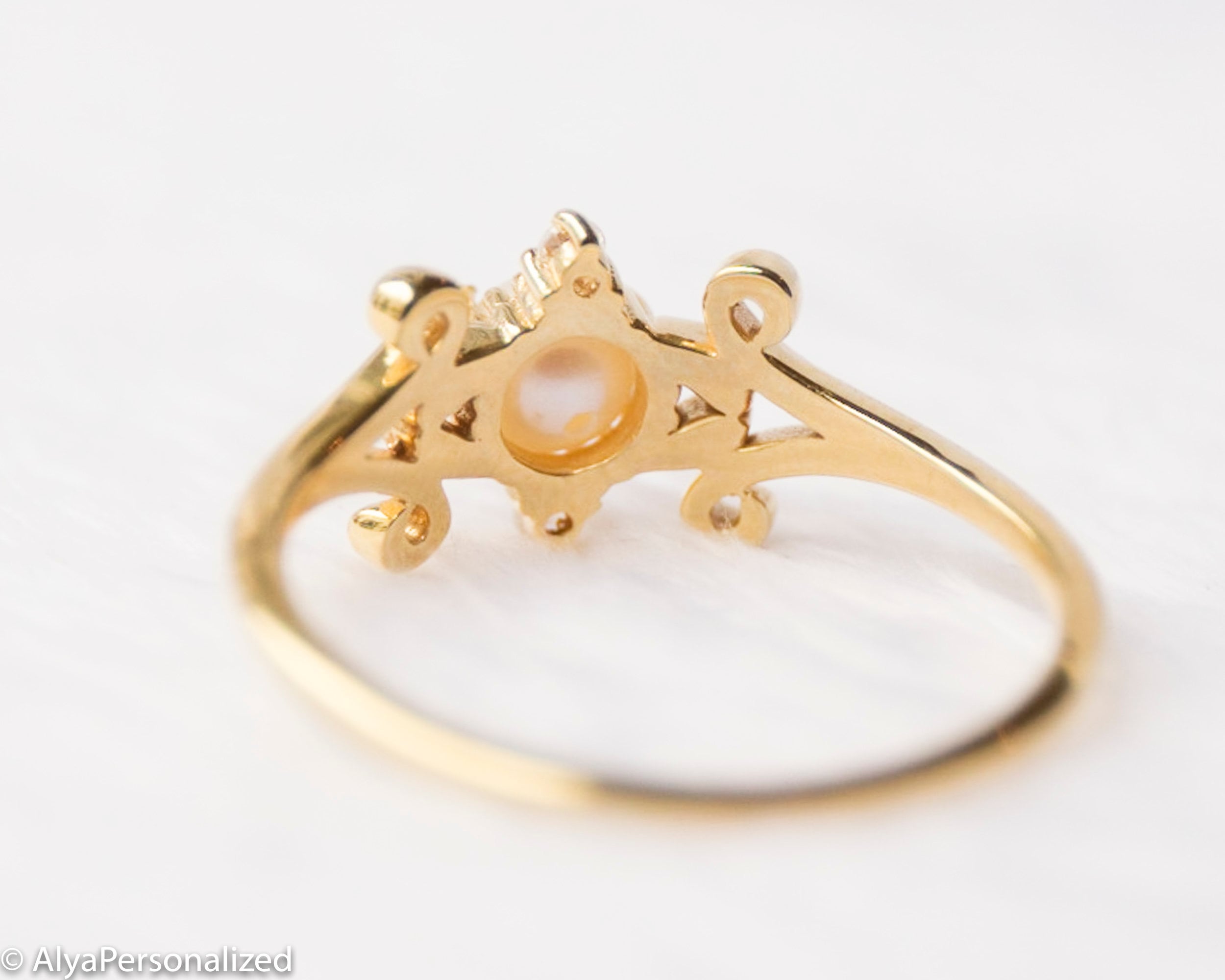 14k Gold Unique Engagement Ring, Vintage Engagement Ring, Pearl Diamond ...