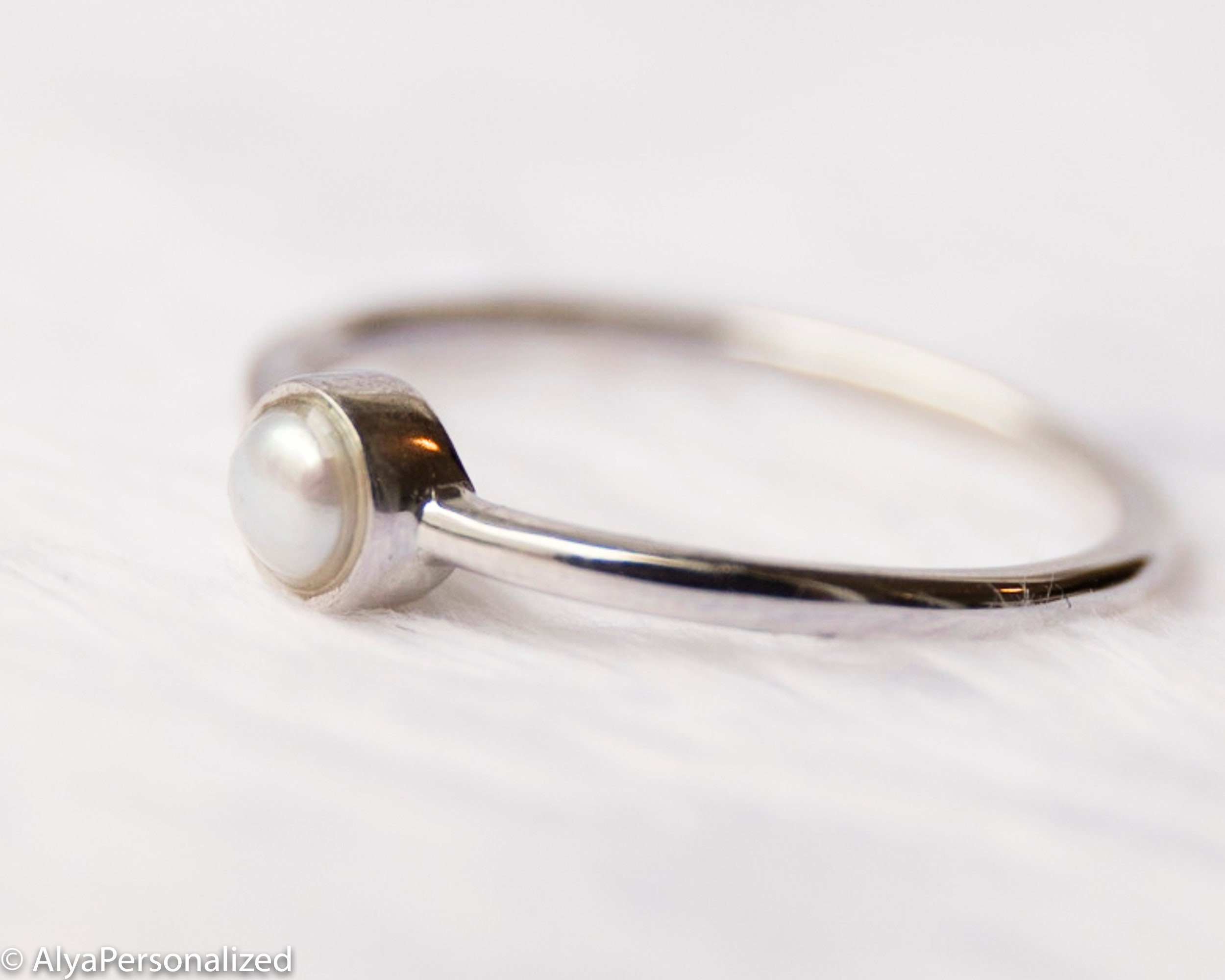 14K White Gold Pearl Engagement Ring - Simple Pearl Ring, Minimalist ...