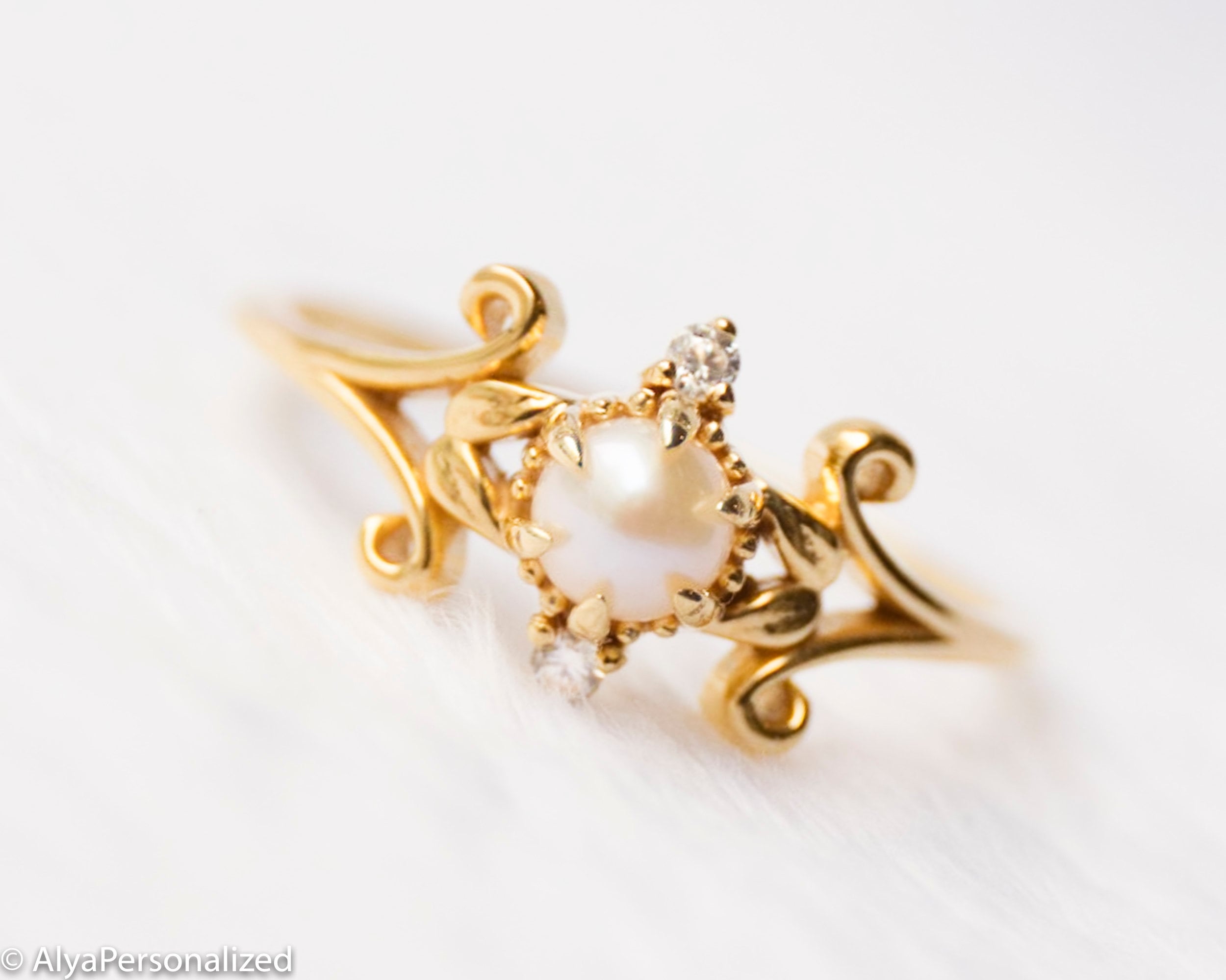 14k Gold Unique Engagement Ring, Vintage Engagement Ring, Pearl Diamond ...