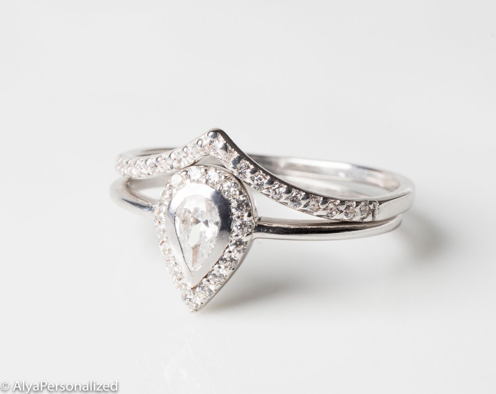 Sterling Silver Engagement Ring Set, Wedding Ring Set, Unique ...