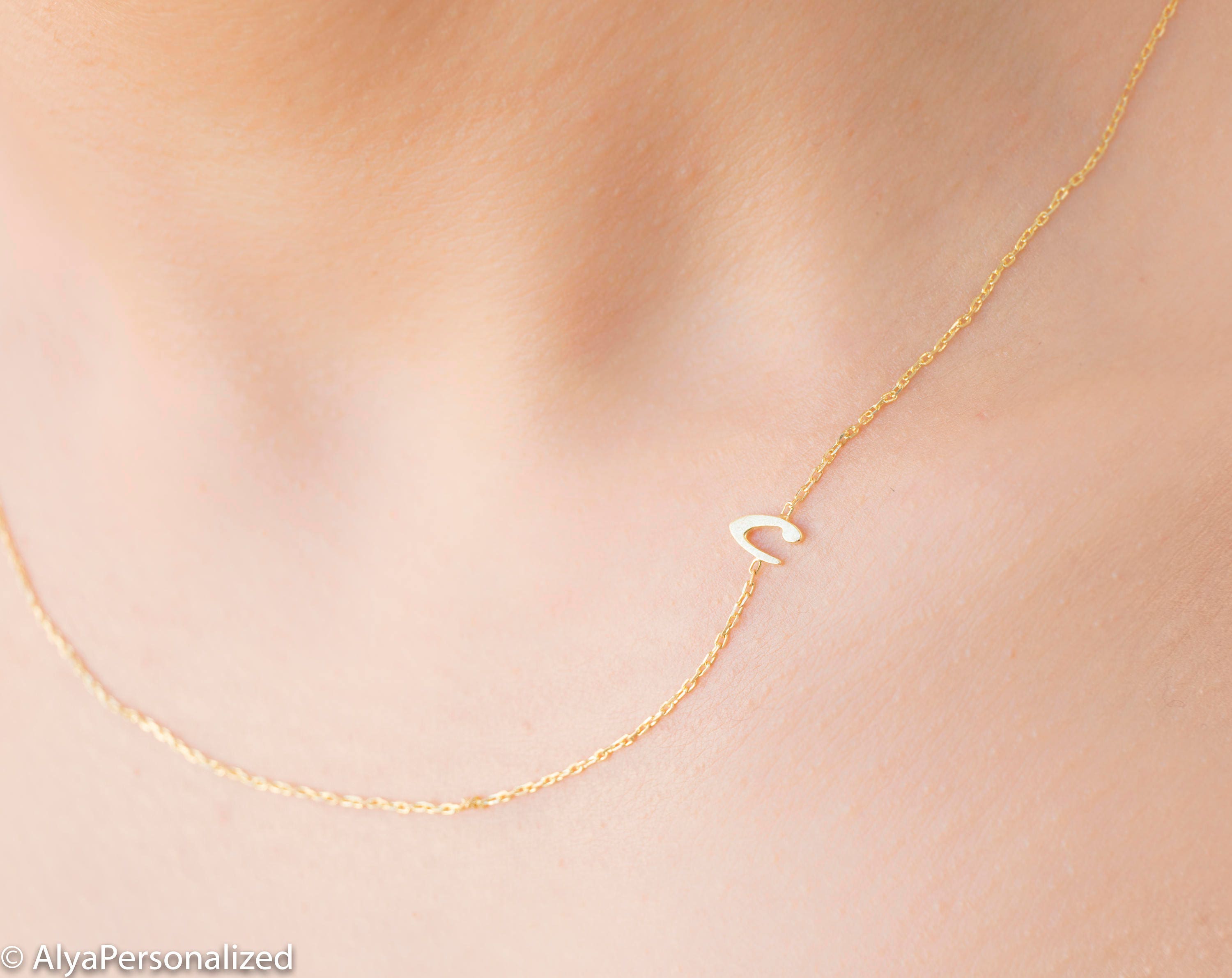 Tiny Initial Necklace Gold Sideways Initial Necklace | Etsy